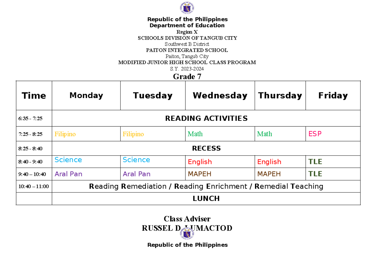 Modified Junior HIGH School Schedule - Republic of the Philippines ...
