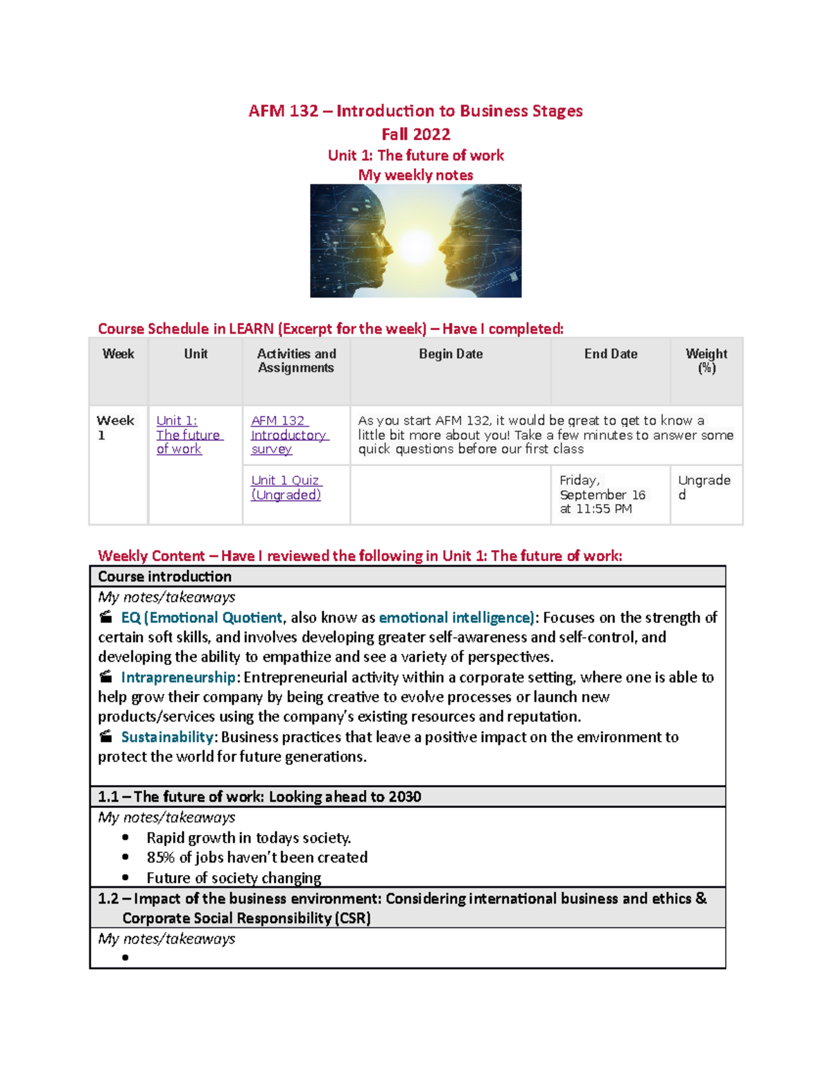 AFM 132 - Unit 1 - My Weekly Notes - AFM 132 – Introduction to Business ...