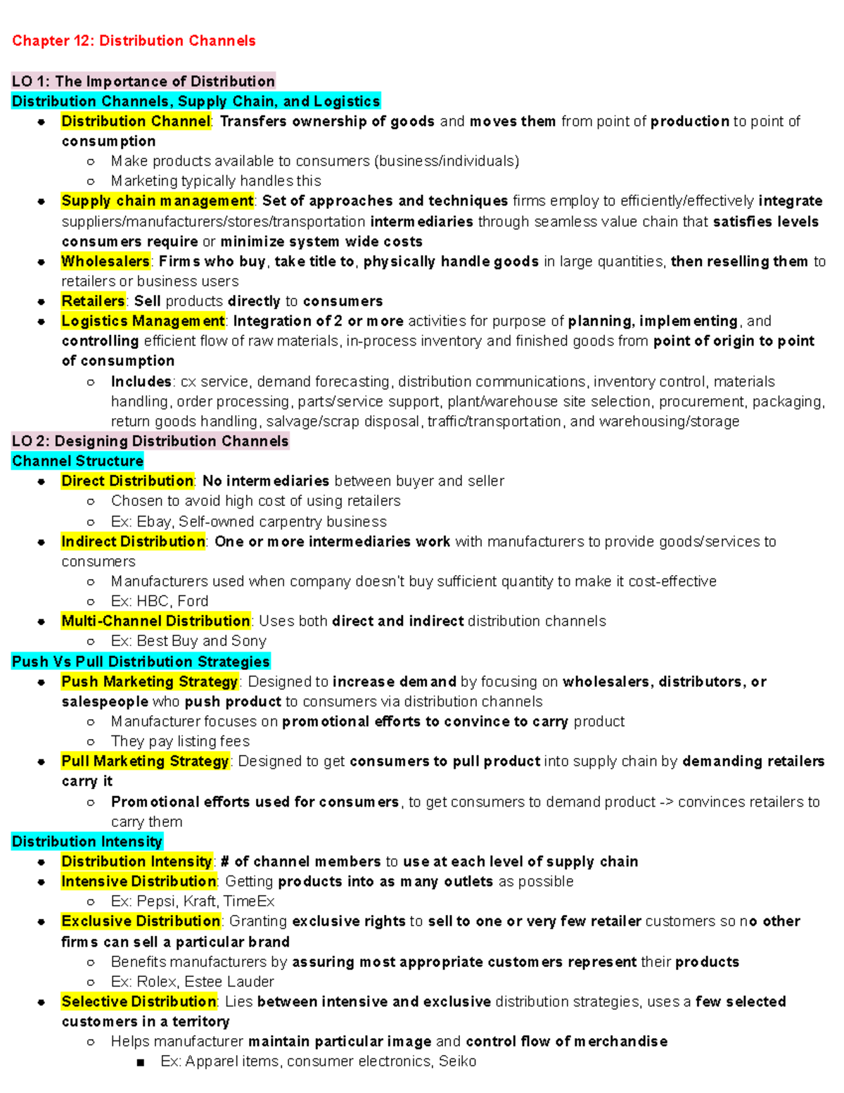 BUS 343 Chapter 12 - Chapter 12: Distribution Channels LO 1: The ...