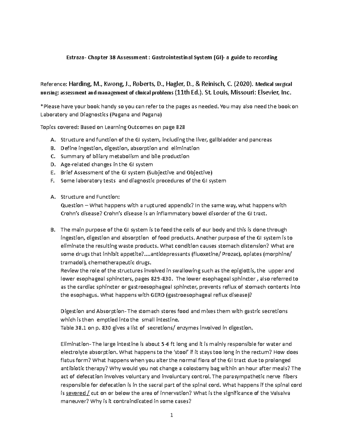 GI Assessment - GI assess notes - Estraza- Chapter 38 Assessment ...