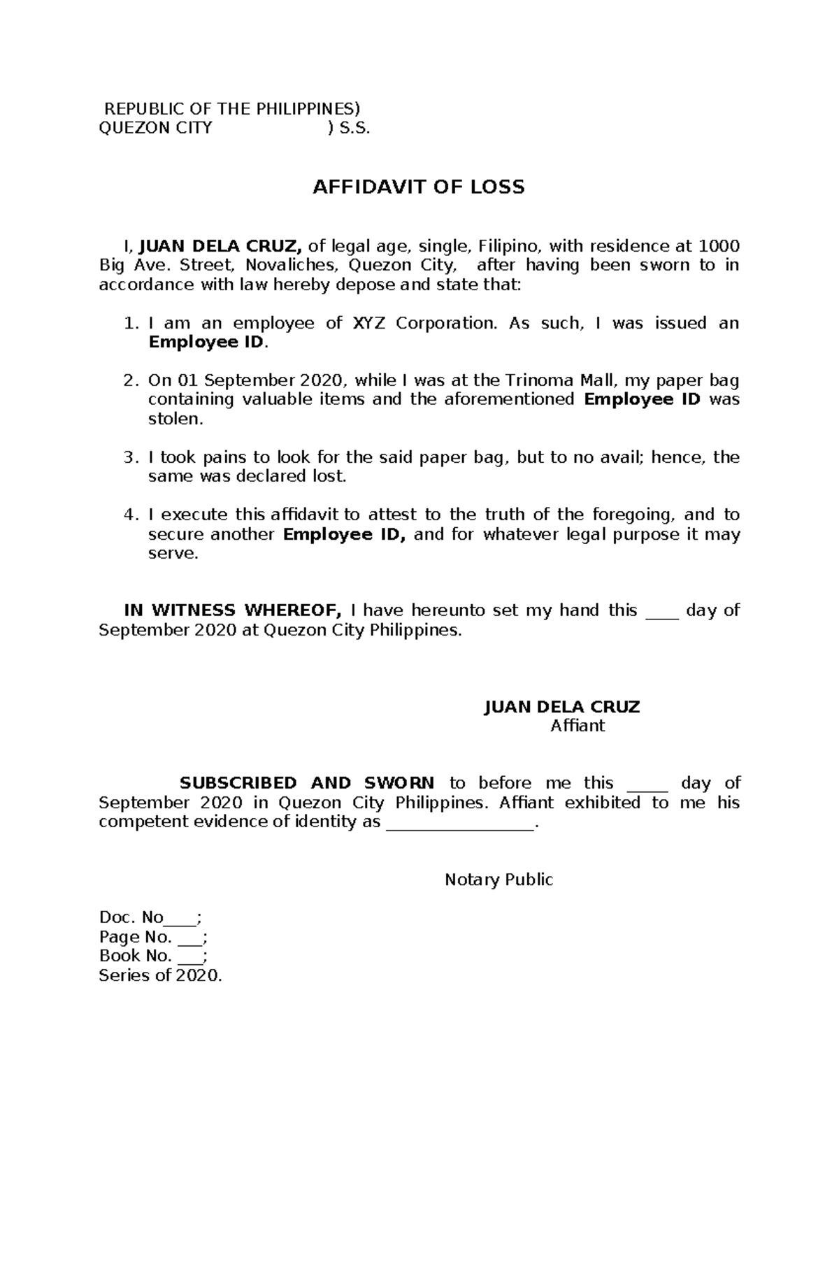 Sample Affidavit of Loss Company ID - REPUBLIC OF THE PHILIPPINES ...