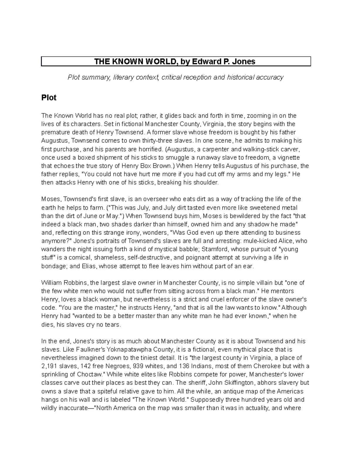 The Known World summary and context - THE KNOWN WORLD, by Edward P ...