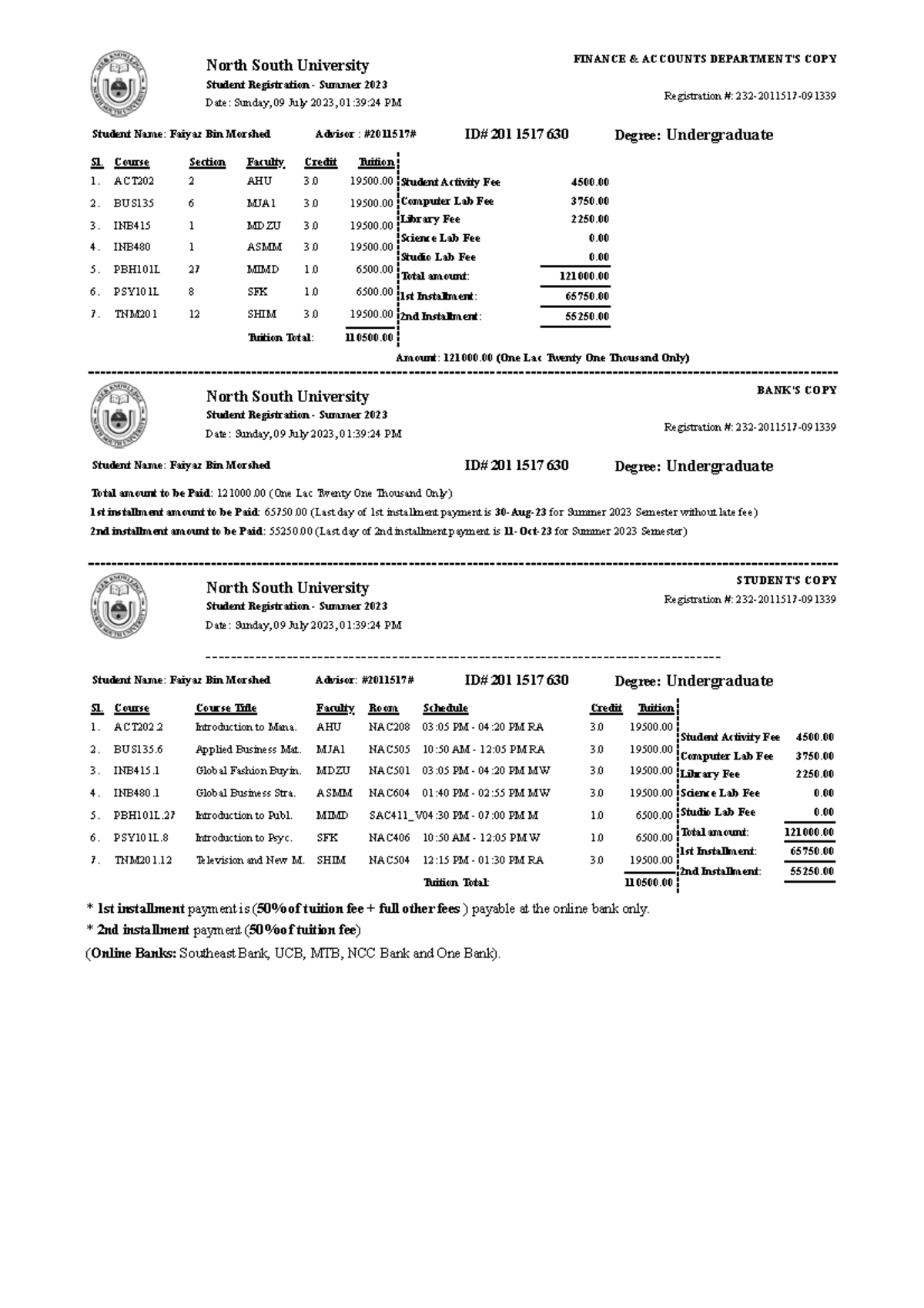 Print slip - practce - Sl. Course Section Faculty Credit Tuition ACT202 ...