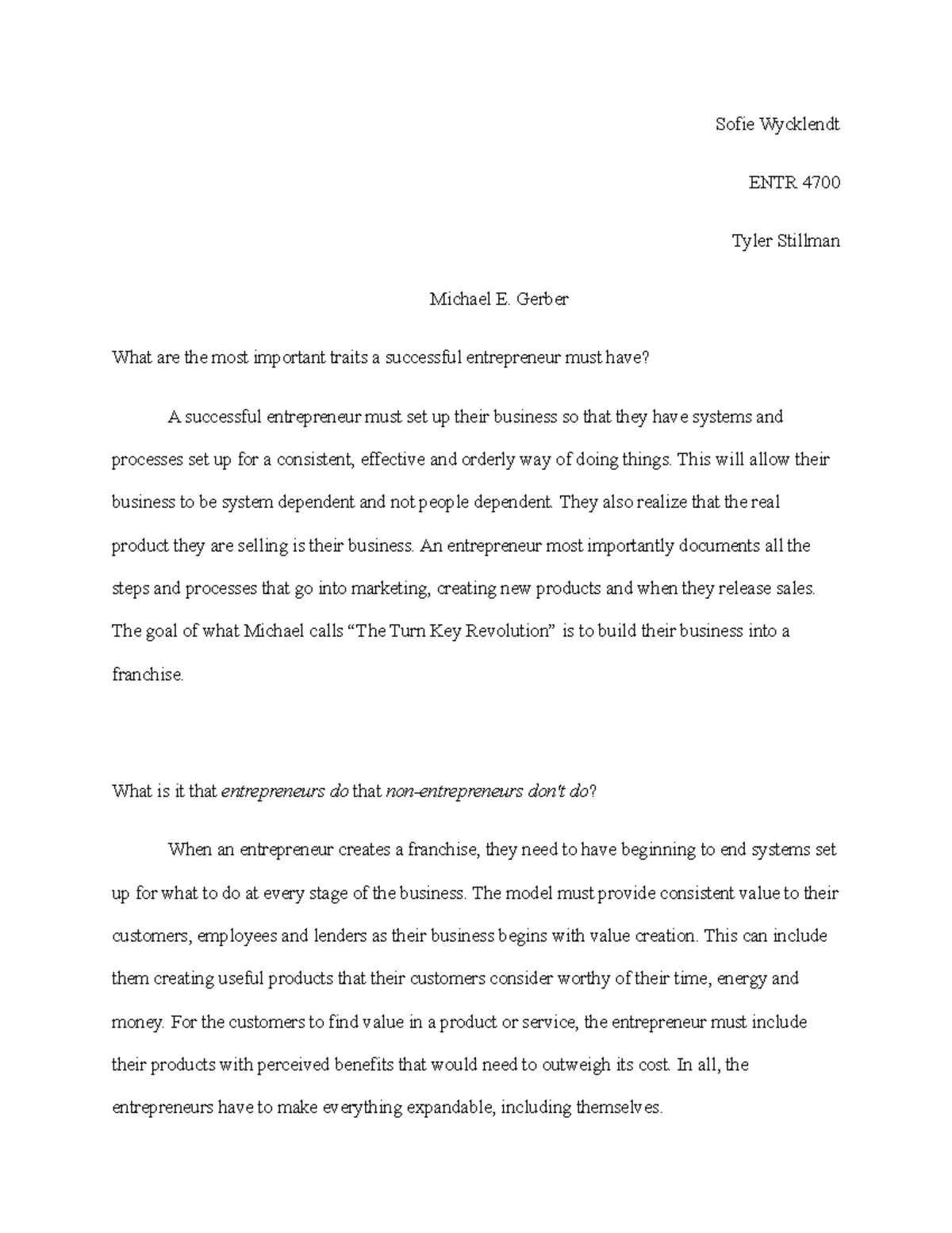 E-Myth Week 8 Assignment - Sofie Wycklendt ENTR 4700 Tyler Stillman ...