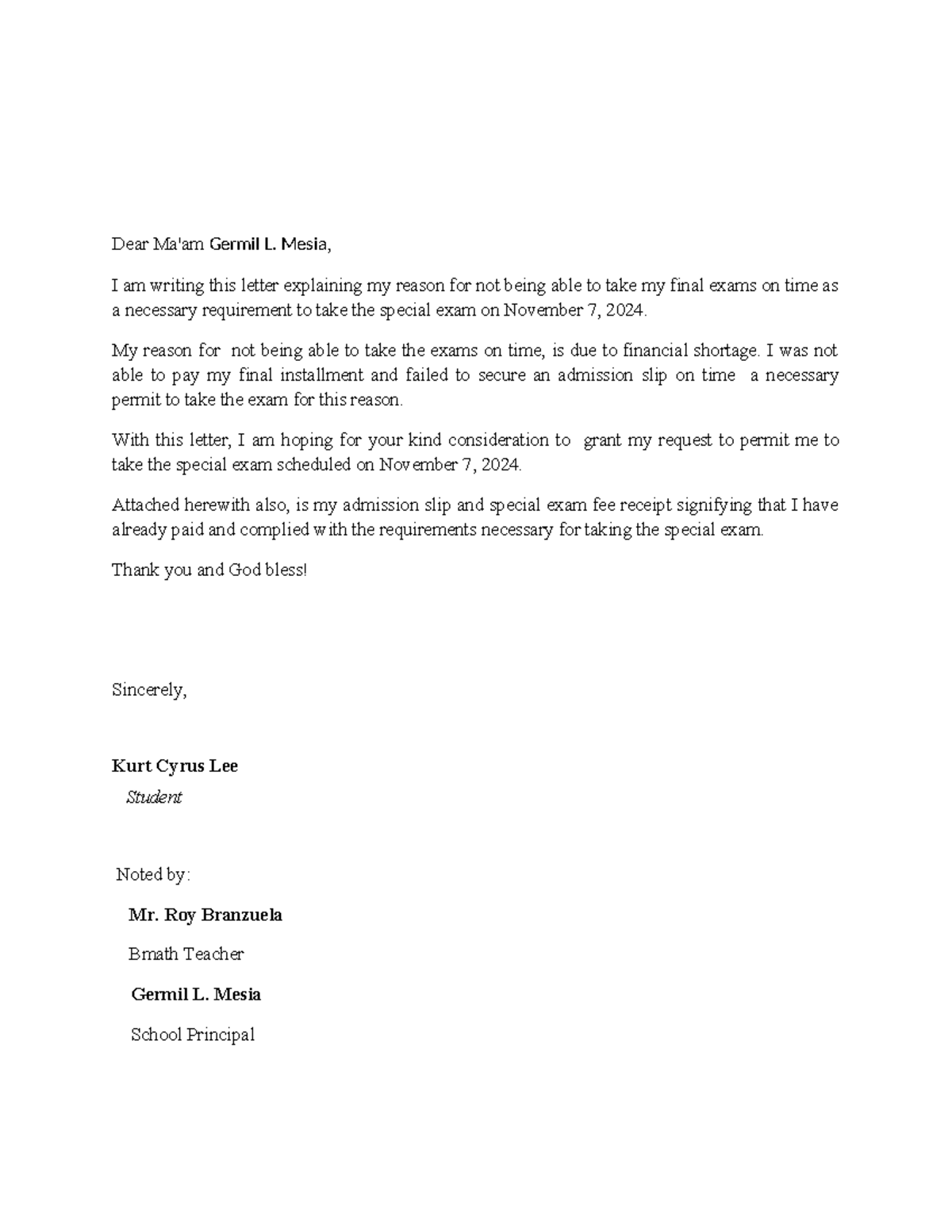 Request letter - Dear Ma'am Germil L. Mesia, I am writing this letter ...