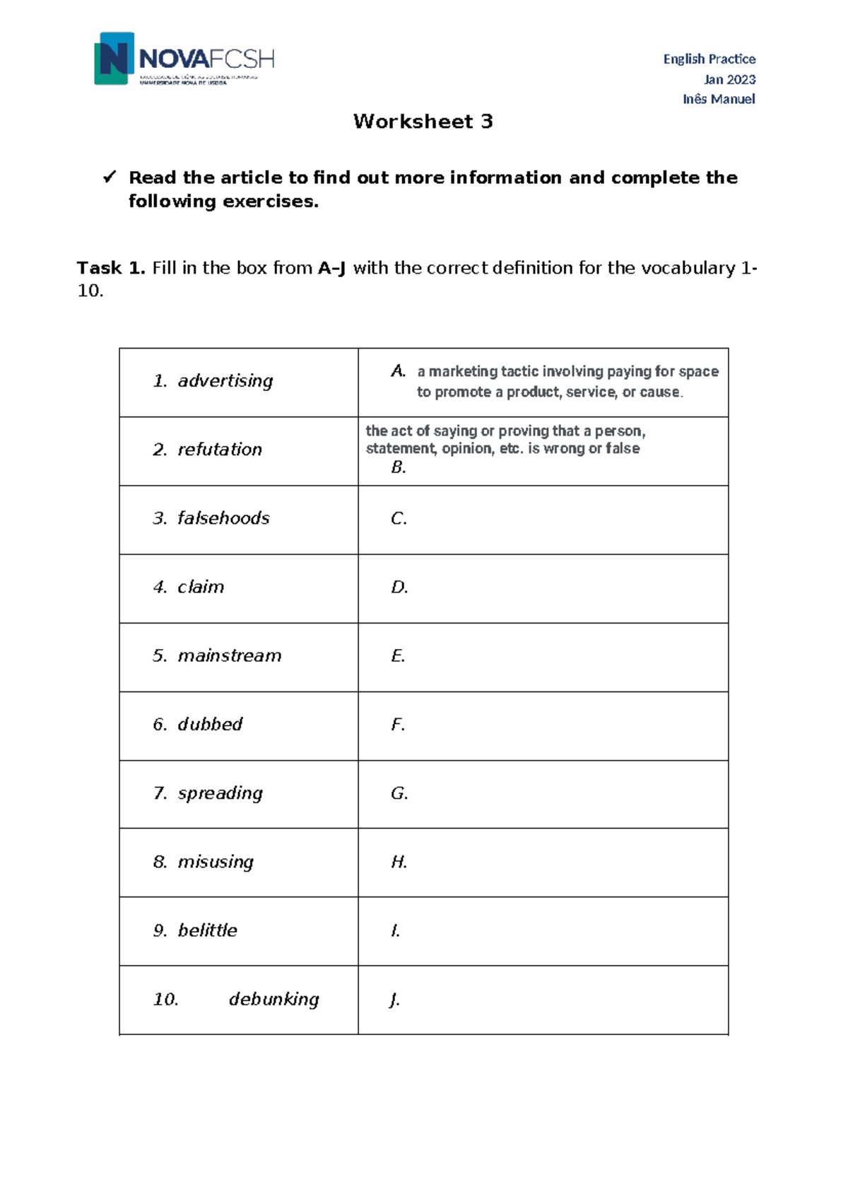 Lesson Plan 3Worksheet Fake News - Jan 2023 Inês Manuel Worksheet 3 ...