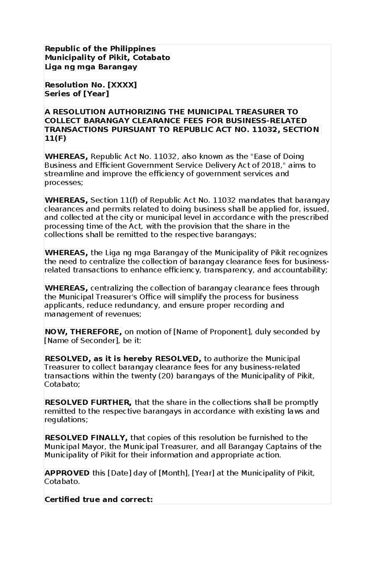 Sample Resolution for Integration of Barangay Clearance - Republic of ...