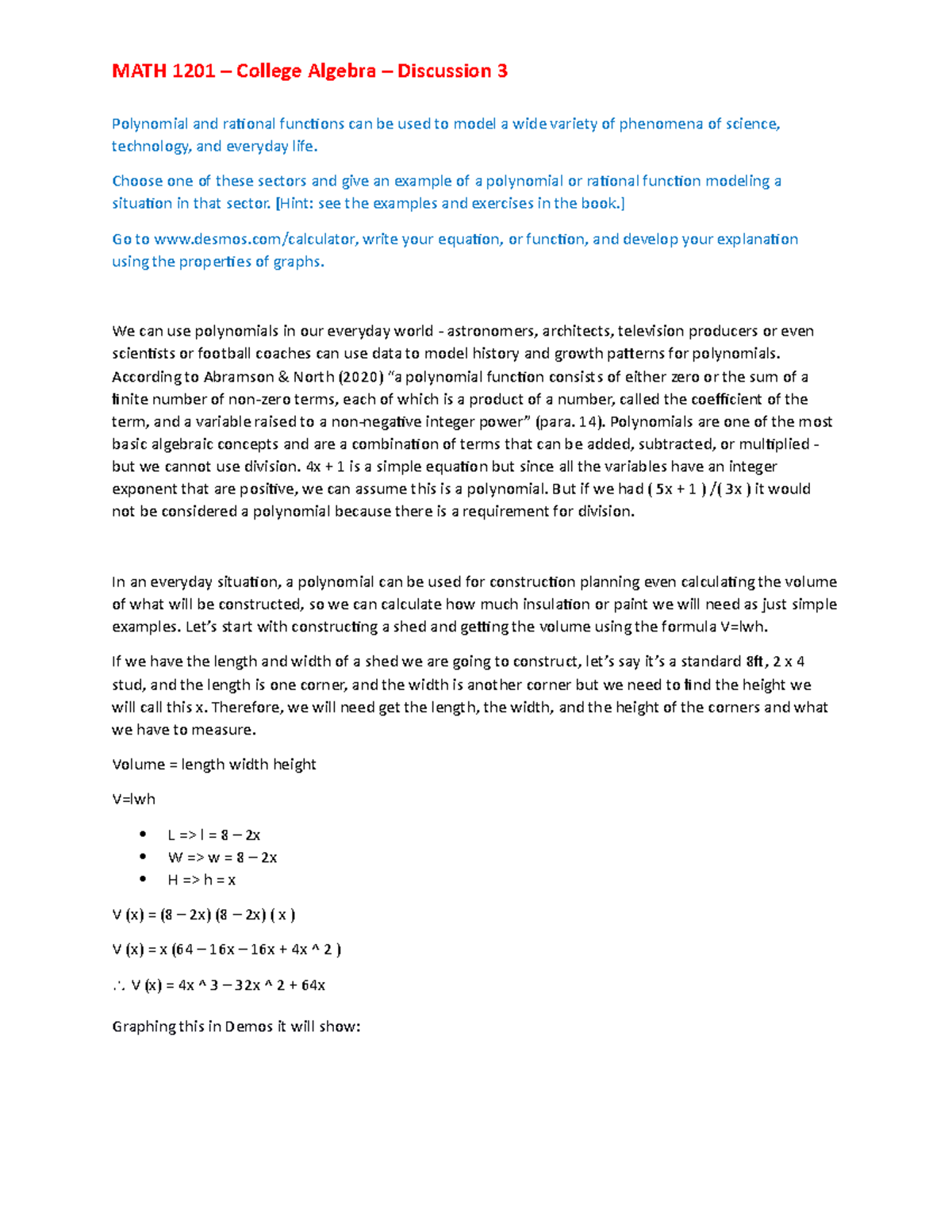 MATH 1201 - Discussion 3 - MATH 1201 – College Algebra – Discussion 3 Polynomial and rational ...