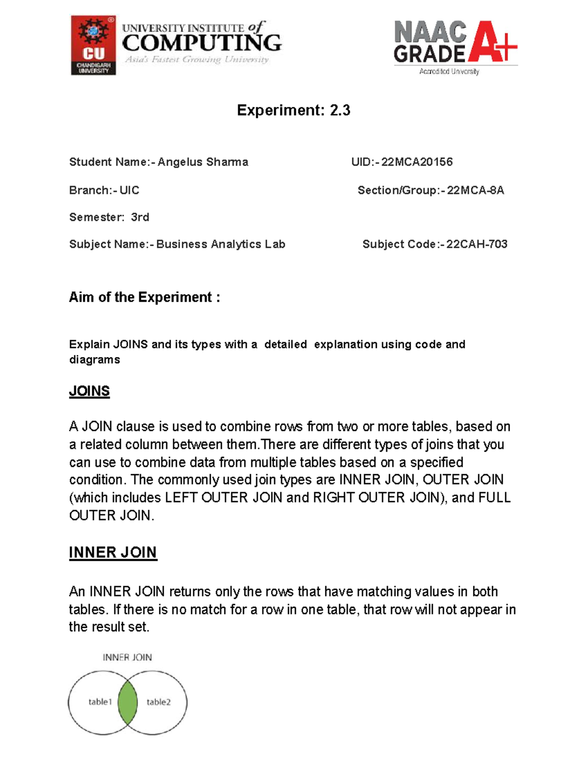 Worksheet 2 - Chji - Experiment: 2. Student Name:- Angelus Sharma UID ...