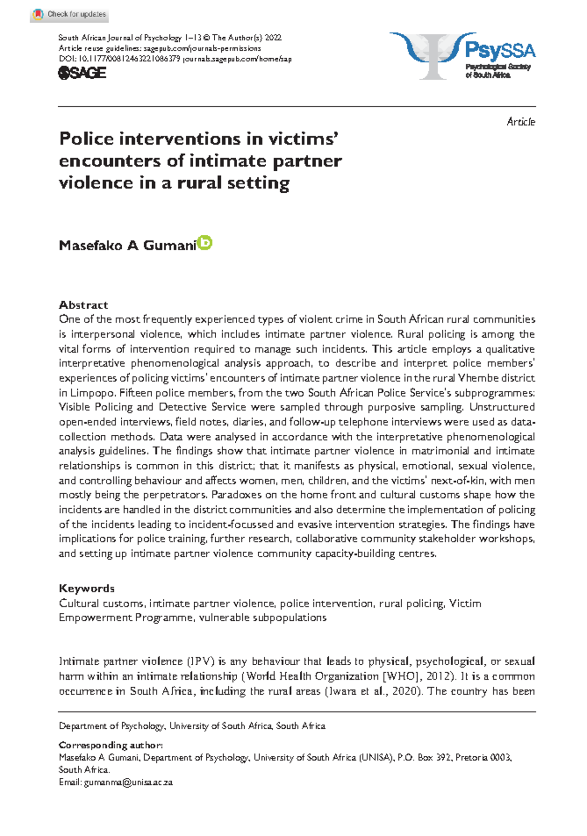 IPV and police intervention - doi/10.1177/ South African Journal of ...