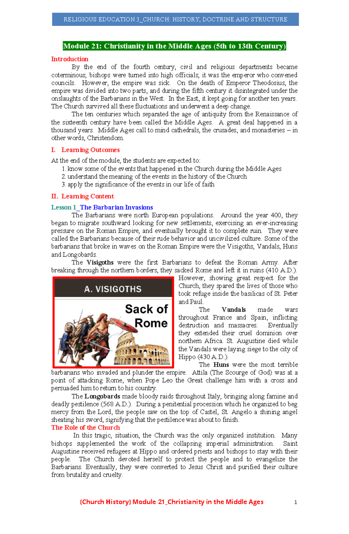 RE 3 Module 21 Christianity in the Middle Ages 1 Student Copy - Module ...