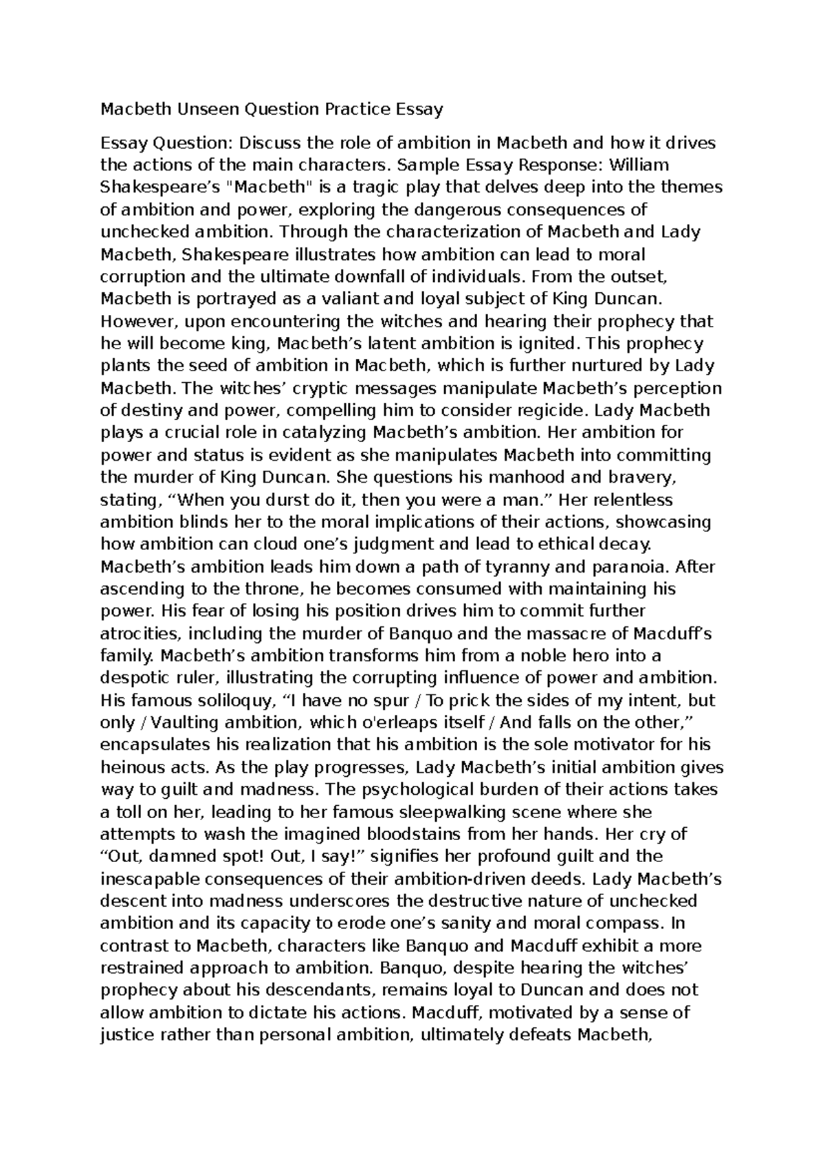 Macbeth Unseen Question Practice Essay - Sample Essay Response: William ...
