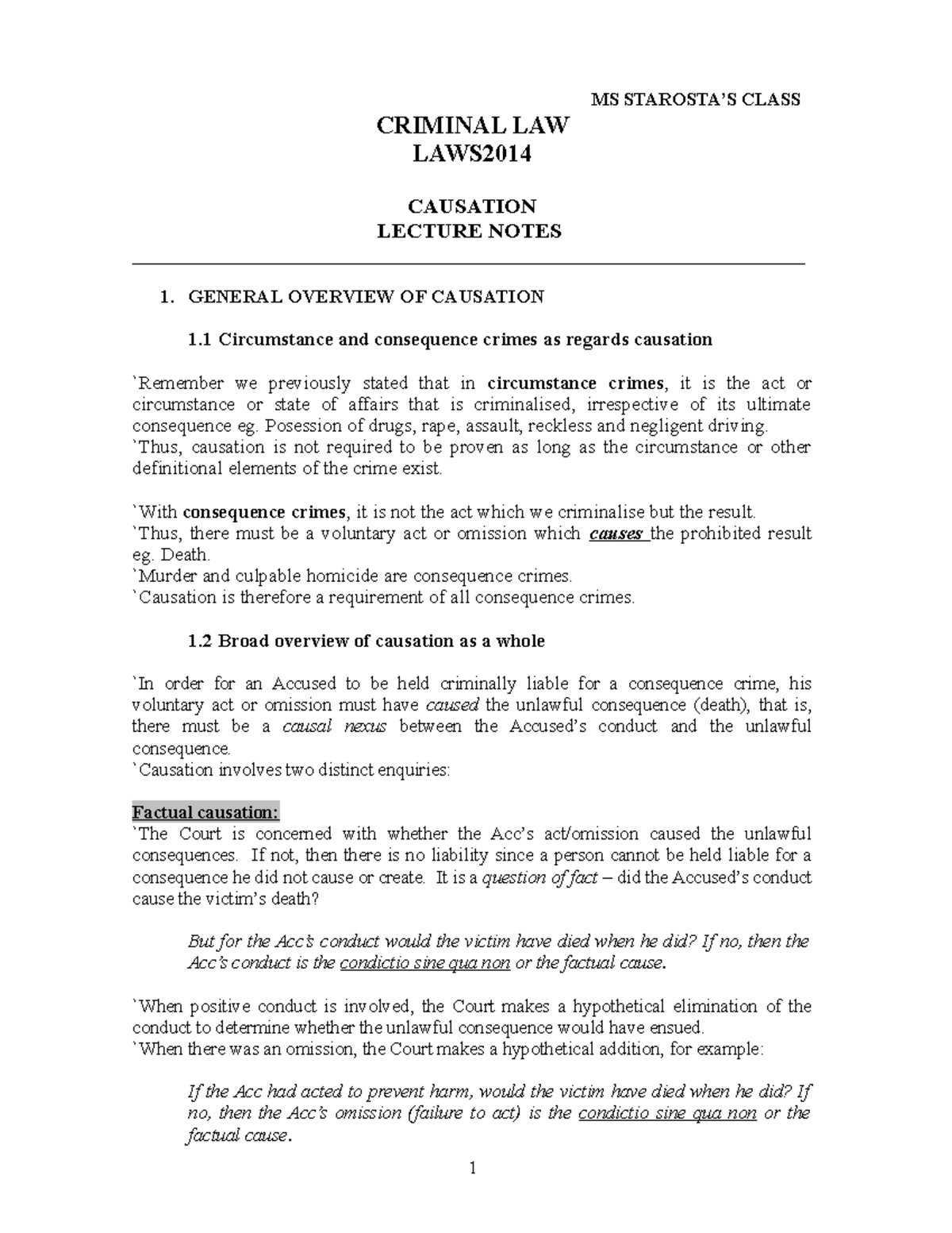 Criminal Law Causation Notes 1 - MS STAROSTA’S CLASS CRIMINAL LAW LAWS ...