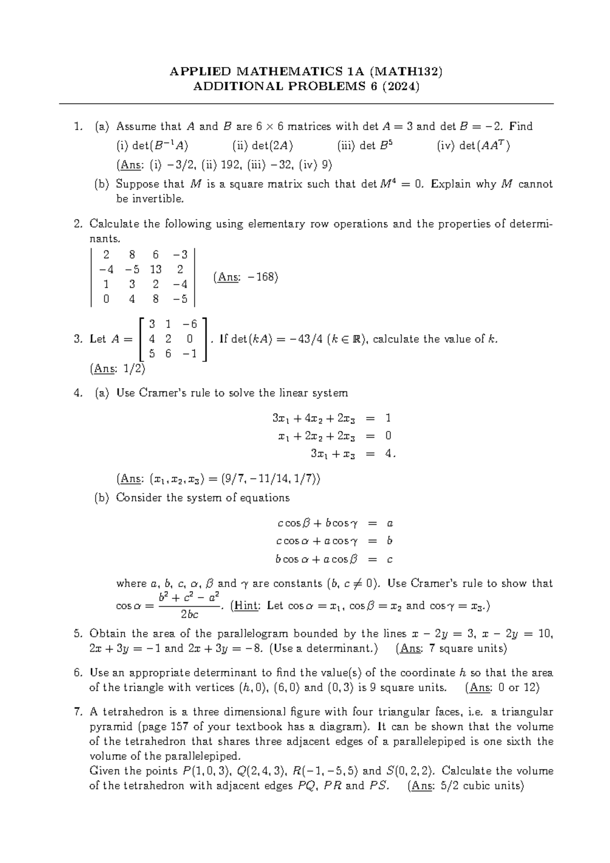 Additional Tutorial Problems 6 (2024) - APPLIED MATHEMATICS 1A (MATH132) ADDITIONAL PROBLEMS 6 ...