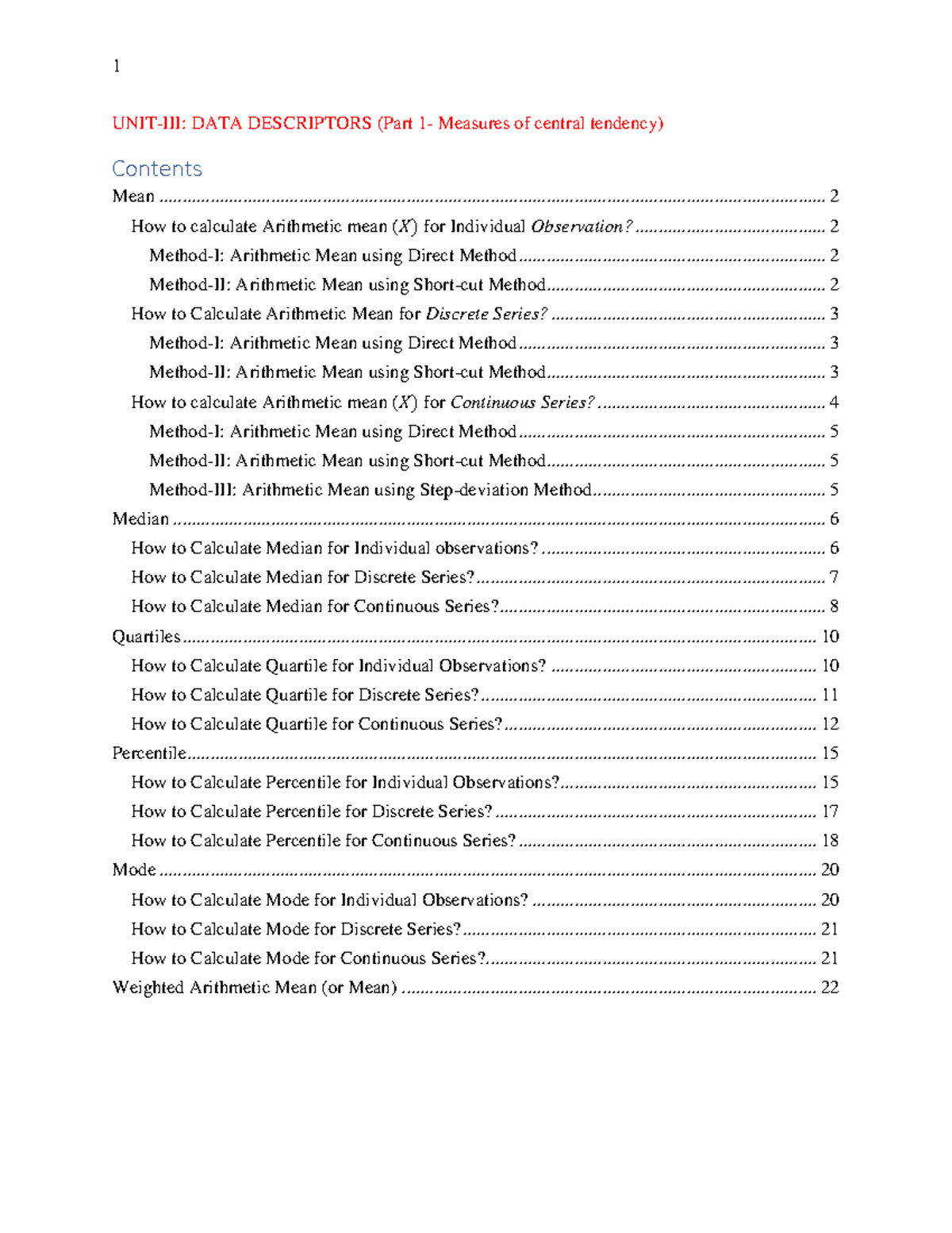 UNIT-III DATA Descriptors (PART 1 Measures OF Central Tendency ...