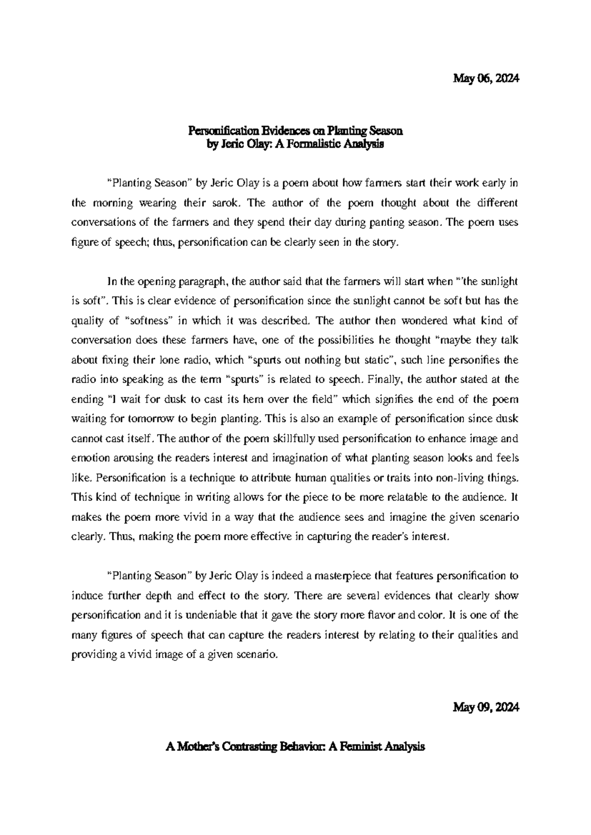 Personification Evidences on Planting Season - The author of the poem ...