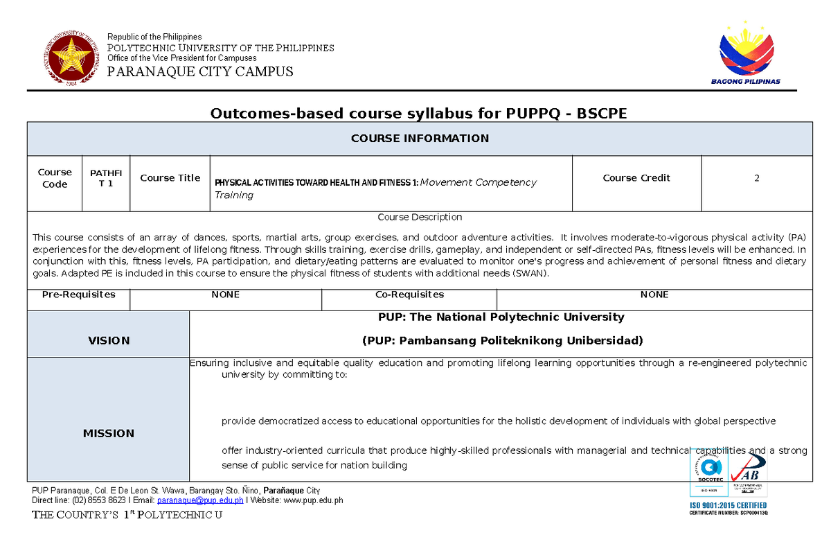 Pathfit-1- Syllabi-for- Bscpe - POLYTECHNIC UNIVERSITY OF THE ...