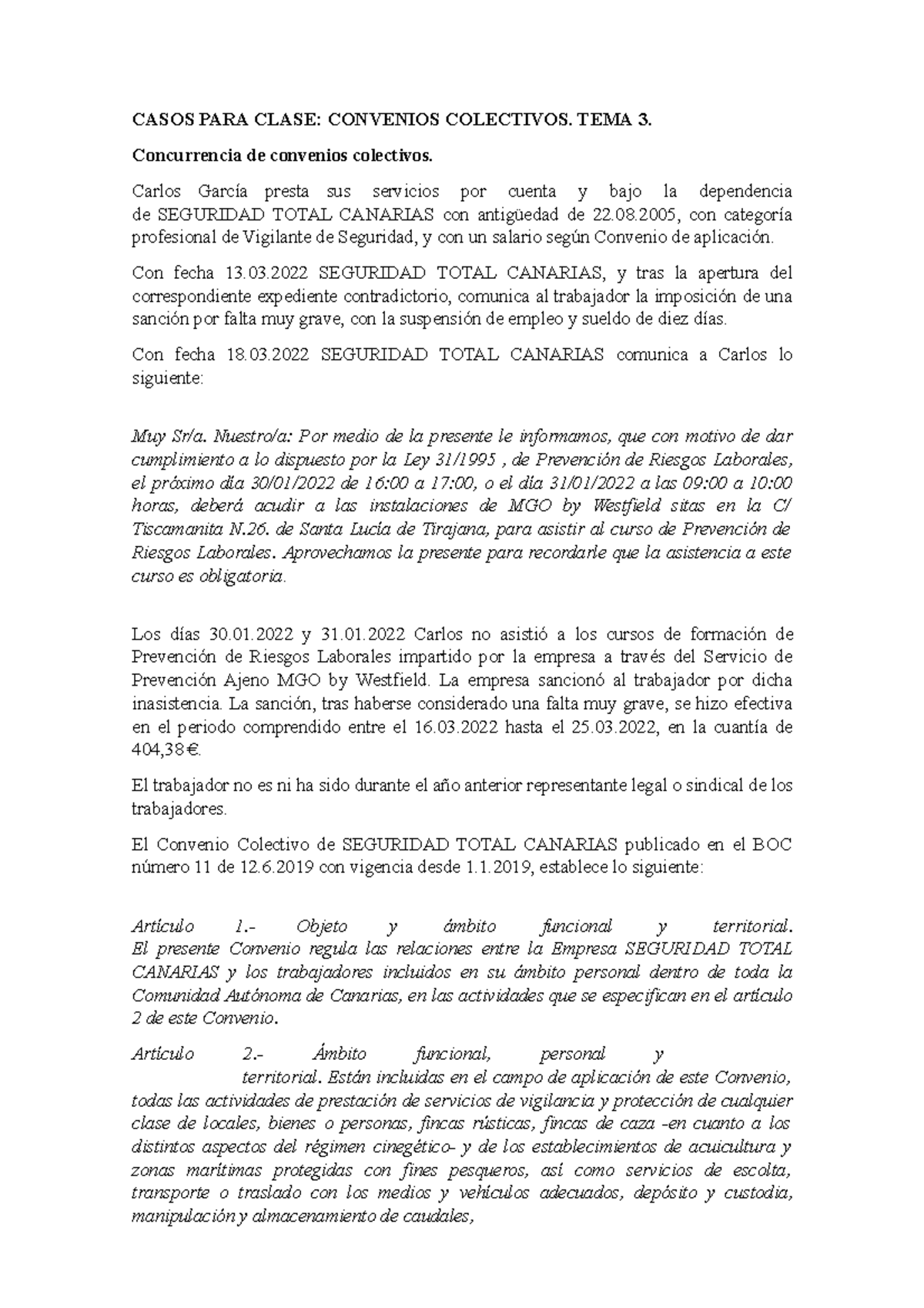 TEMA 3 Convenios Colectuos Casos PARA Clase - CASOS PARA CLASE: CONVENIOS COLECTIVOS. TEMA 3 ...