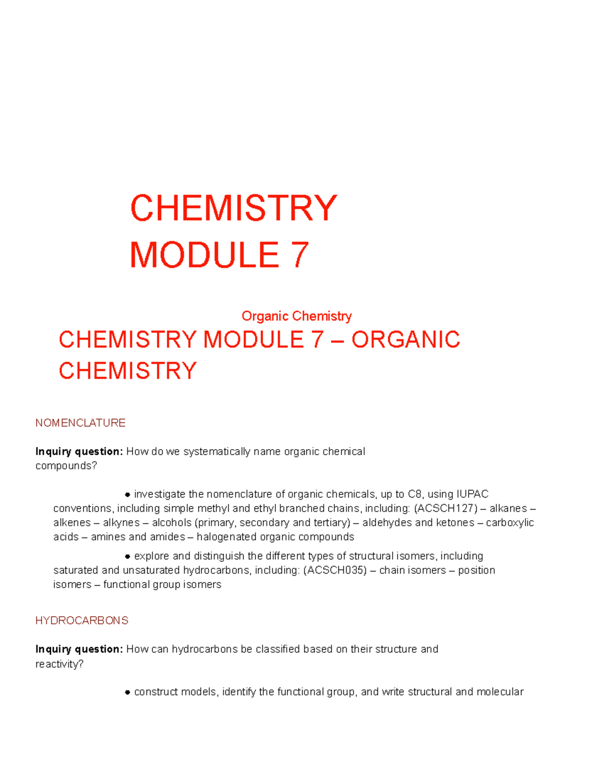 Chemistry HSC Mod 7 8 - Notes/Prac - CHEMISTRY MODULE 7 Organic ...