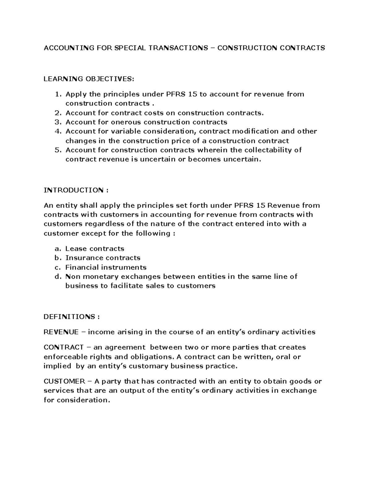 Accounting FOR Special Transactions Construction Contracts - ACCOUNTING FOR SPECIAL TRANSACTIONS ...