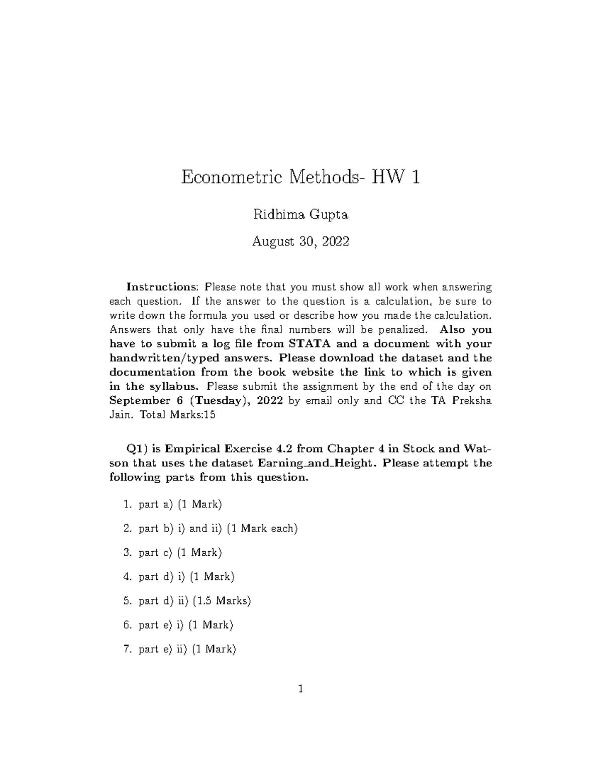 HW1 - First Homework task for econometrics course in SAU - Econometric Methods- HW 1 Ridhima ...