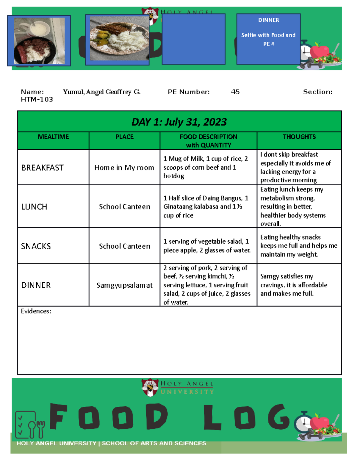 PE1 Food Log Sample 28129 - Name: Yumul, Angel Geoffrey G. PE Number ...