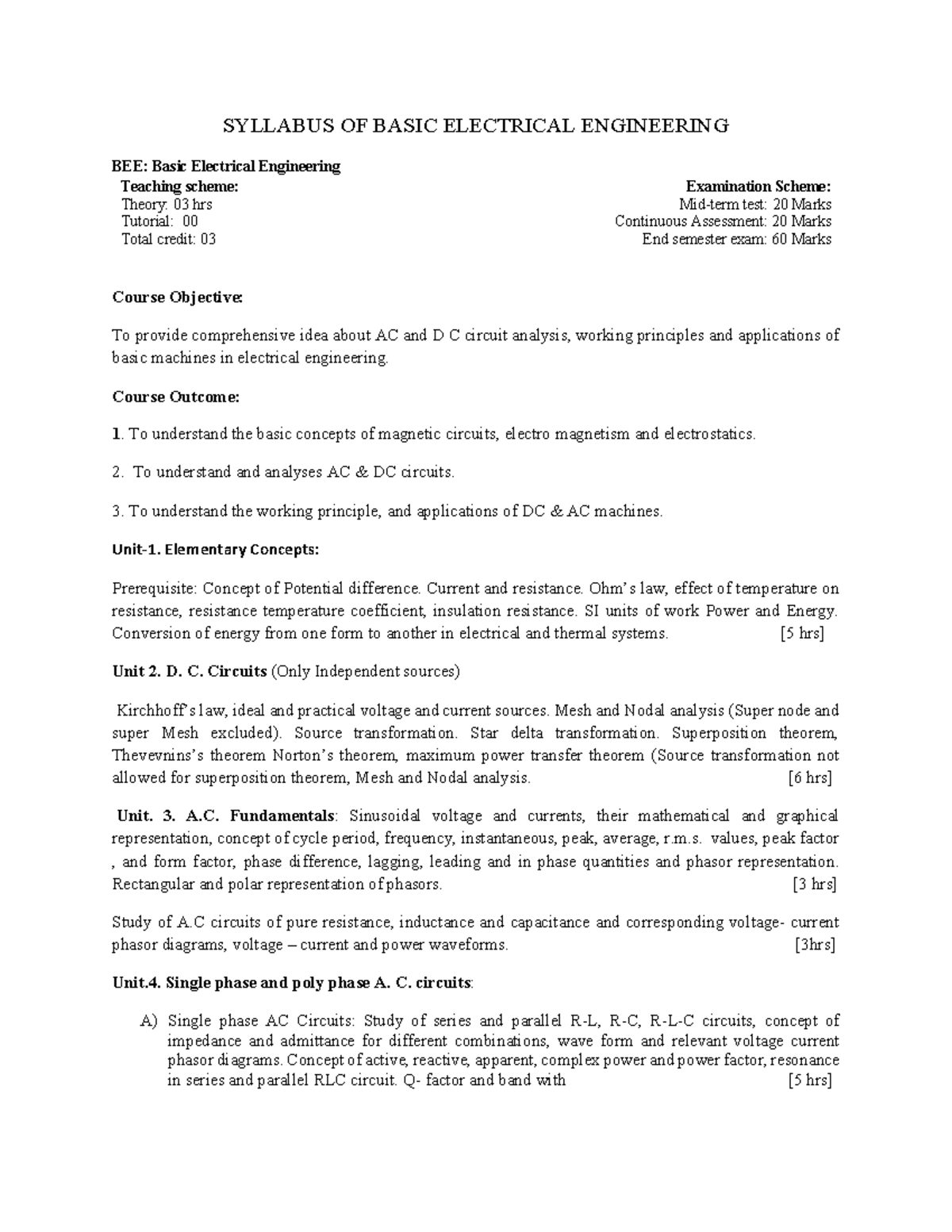 First-year-BEE - basic - SYLLABUS OF BASIC ELECTRICAL ENGINEERING BEE ...