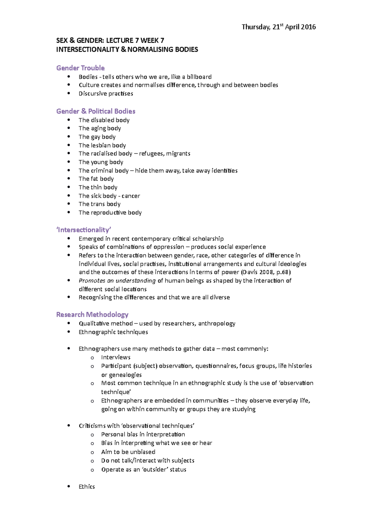 Lecture 7 Week 7 Thursday 21st April 2016 Sex And Gender Lecture 7 Week 7 Intersectionality 6205