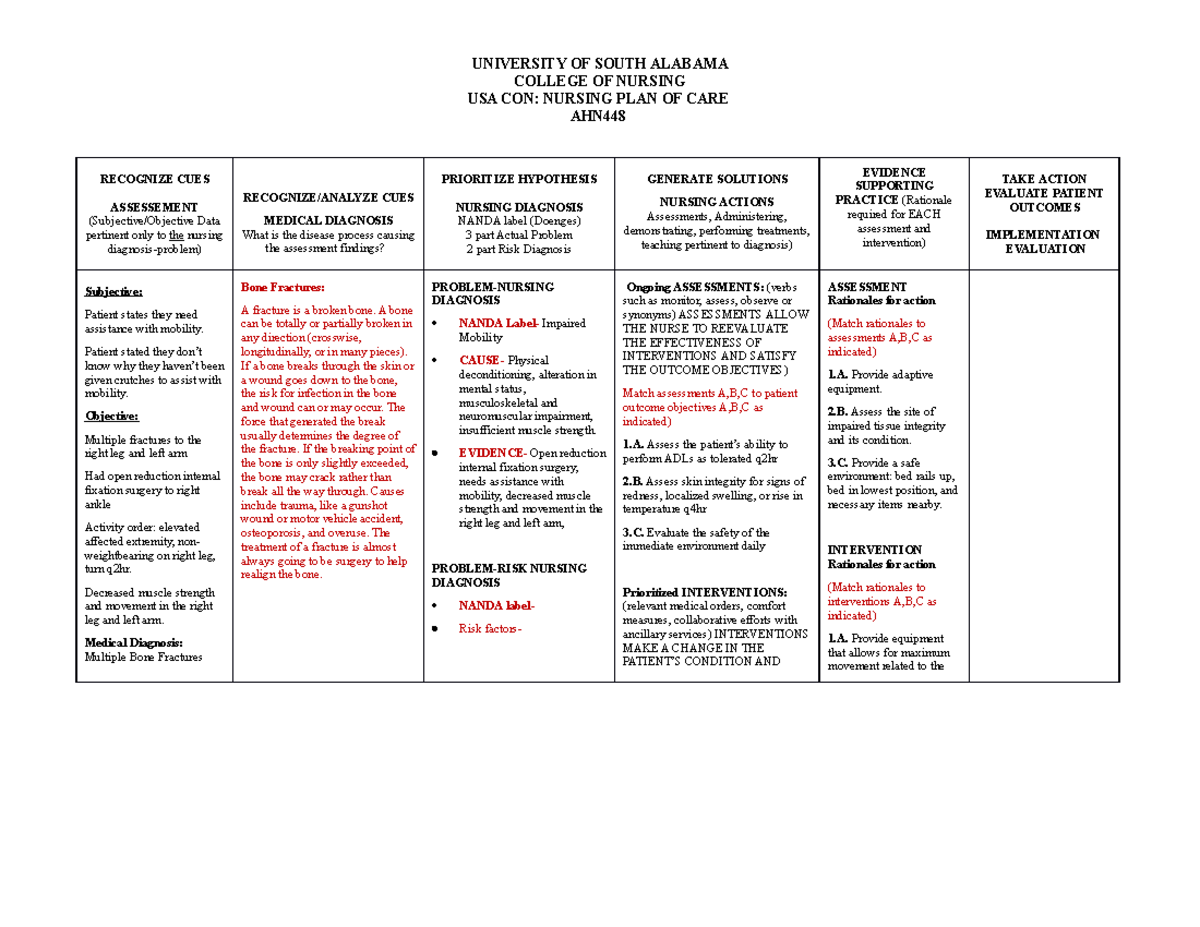 Impaired Mobility - careplan - RECOGNIZE CUES ASSESSEMENT (Subjective ...