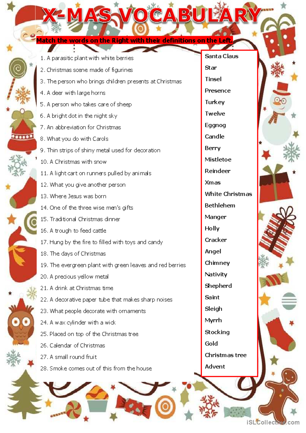 Christmas Vocabulary and Traditions (B2 Level) - Match the words on the ...