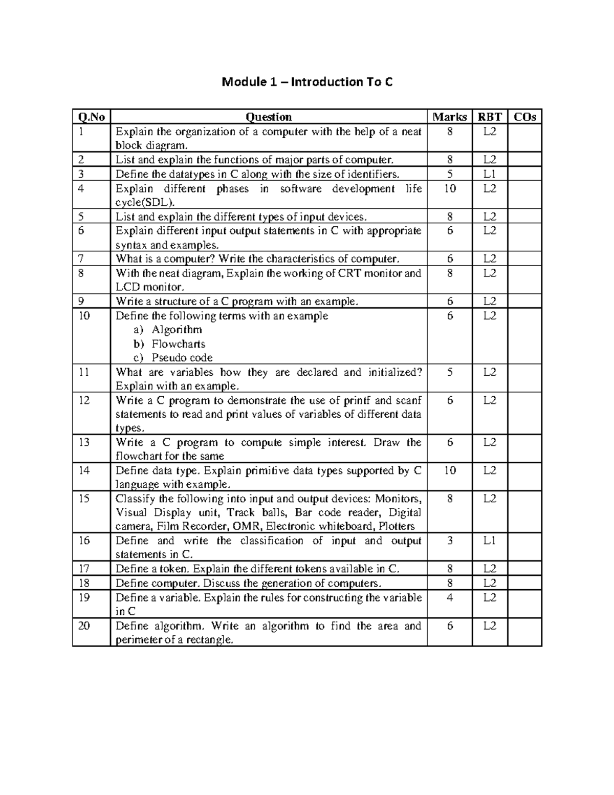 Module 1 - Module 1 – Introduction To C Q Question Marks RBT COs 1 ...