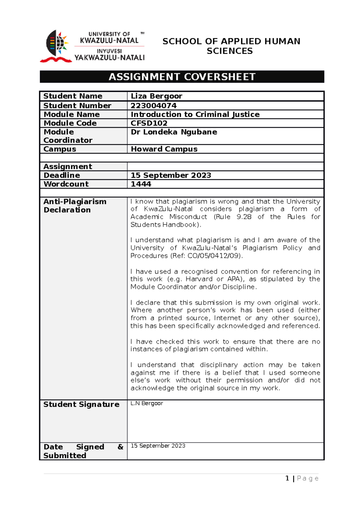 Assignment coversheet - SCHOOL OF APPLIED HUMAN SCIENCES ASSIGNMENT ...