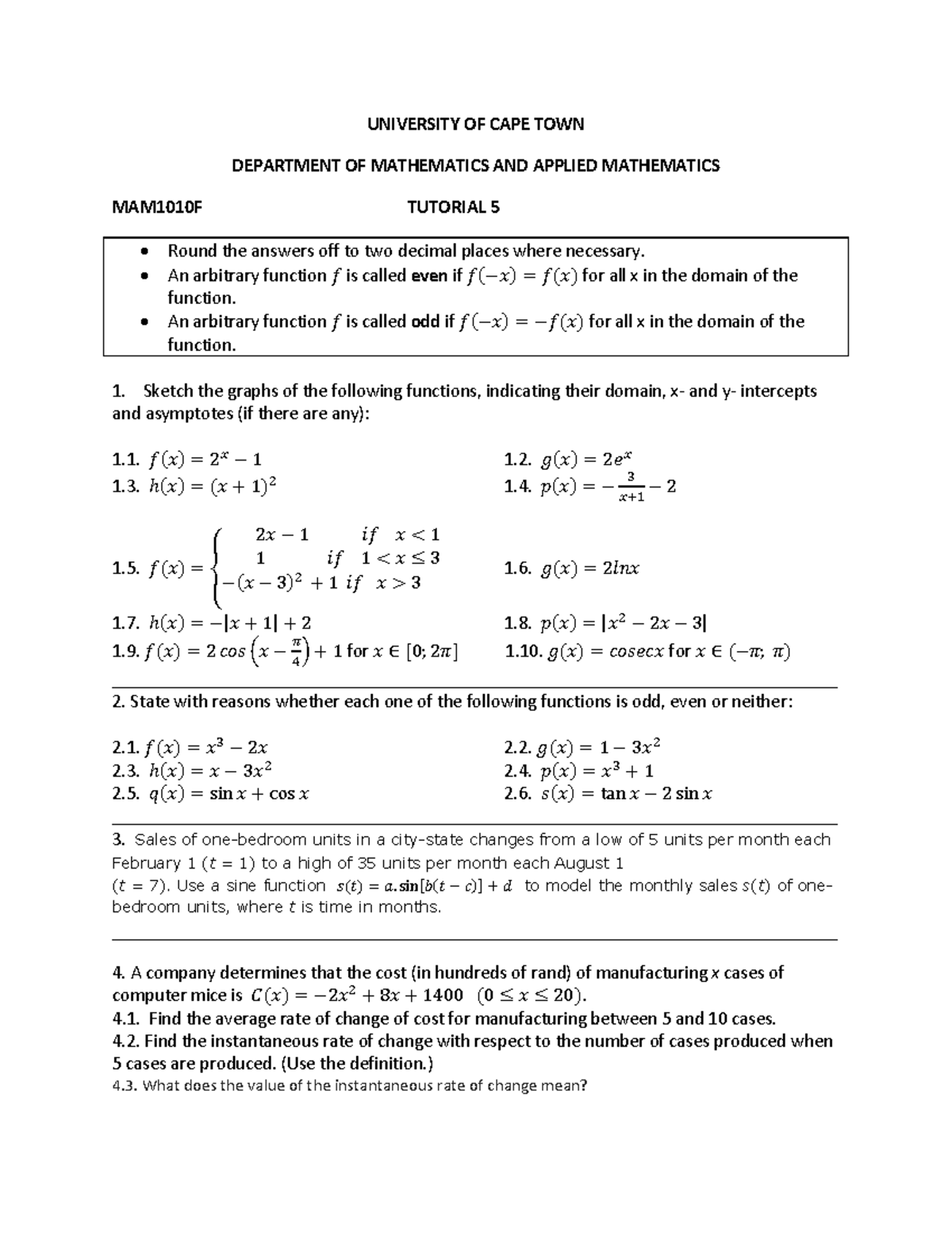 Tutorial 5 - UNIVERSITY OF CAPE TOWN DEPARTMENT OF MATHEMATICS AND ...