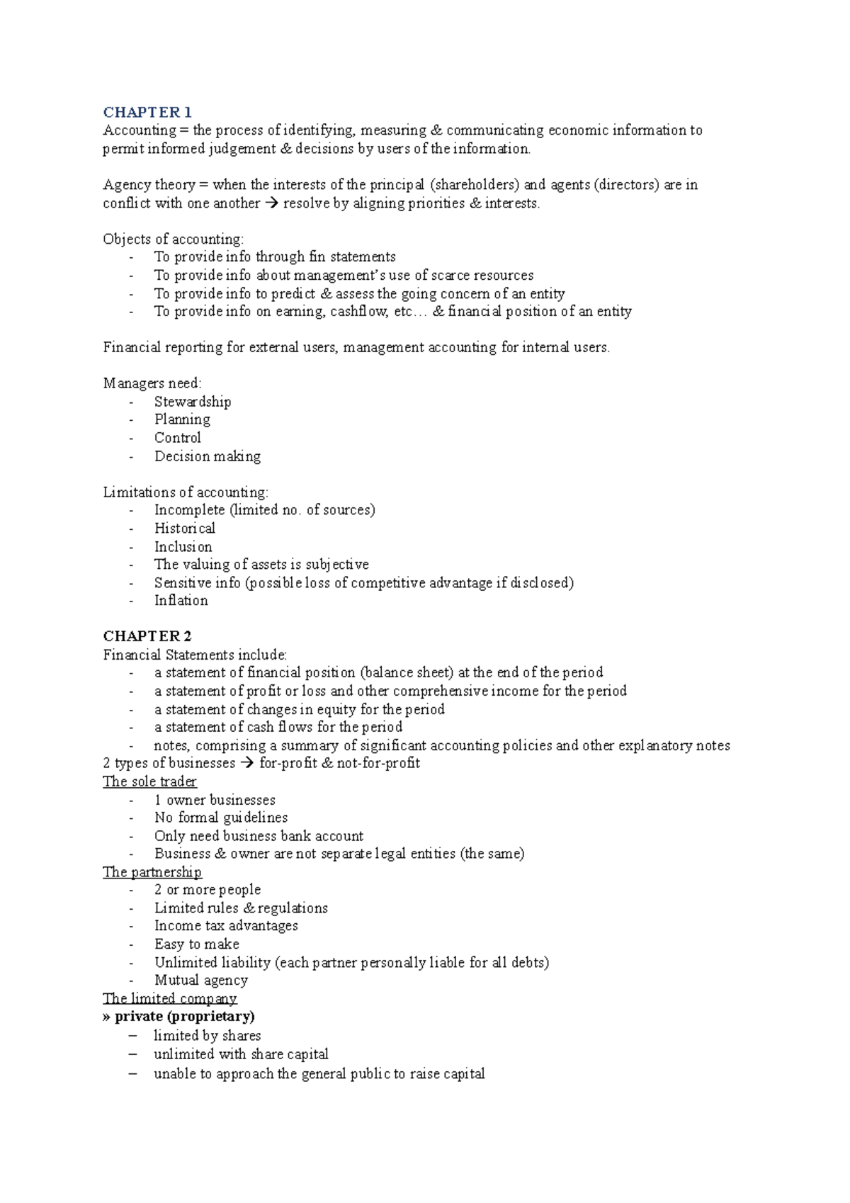 Accounting notes - ____ - CHAPTER 1 Accounting = the process of ...