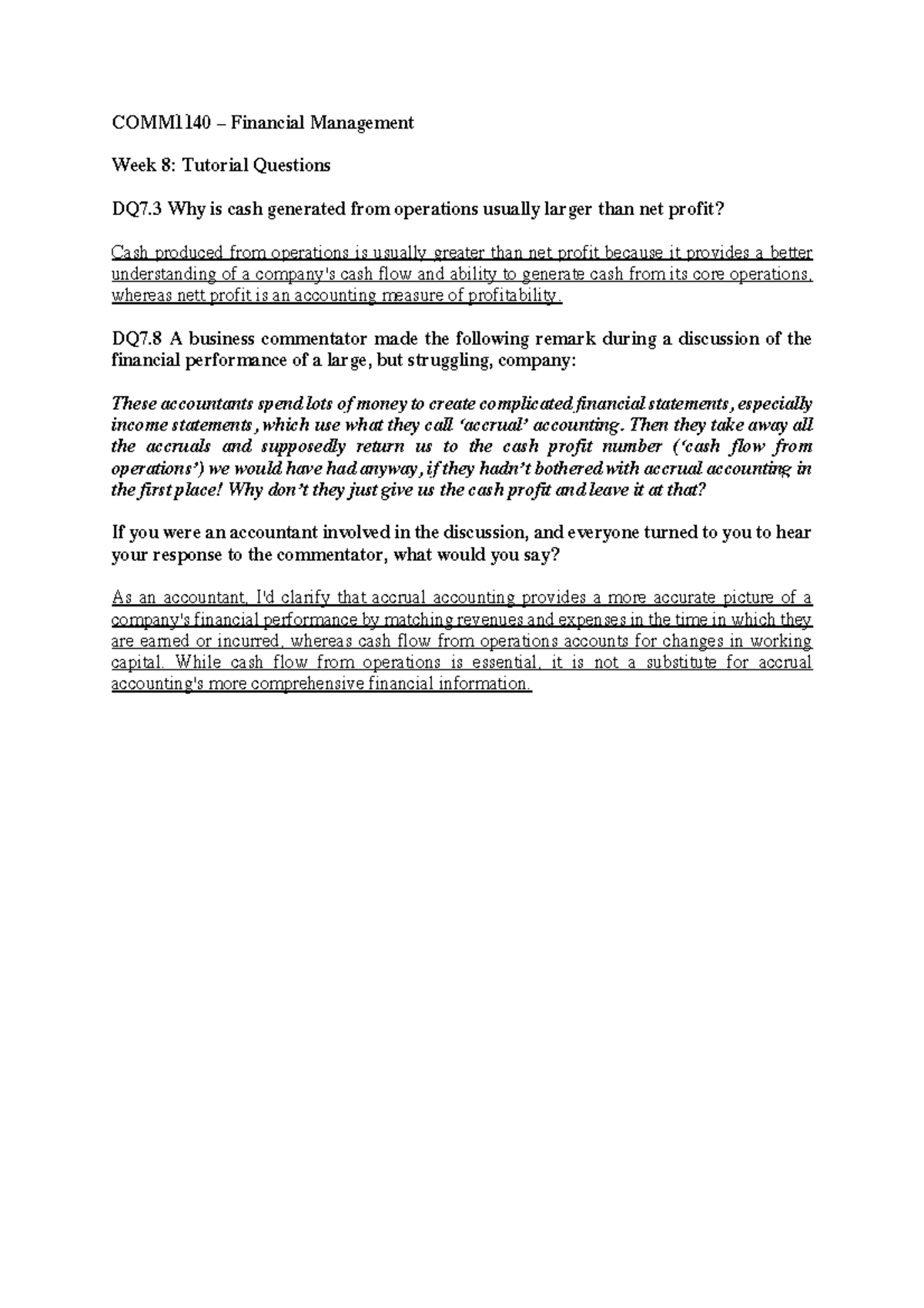 COMM1140 tuto w8 - Lecture notes for the course - COMM1140 – Financial ...