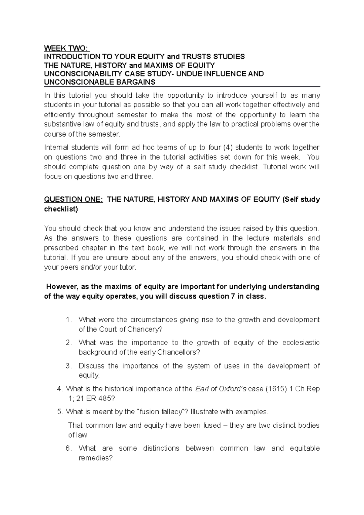 LLB205 WEEK TWO - Equity and Trusts week 2 tutorial notes 2019 - WEEK ...