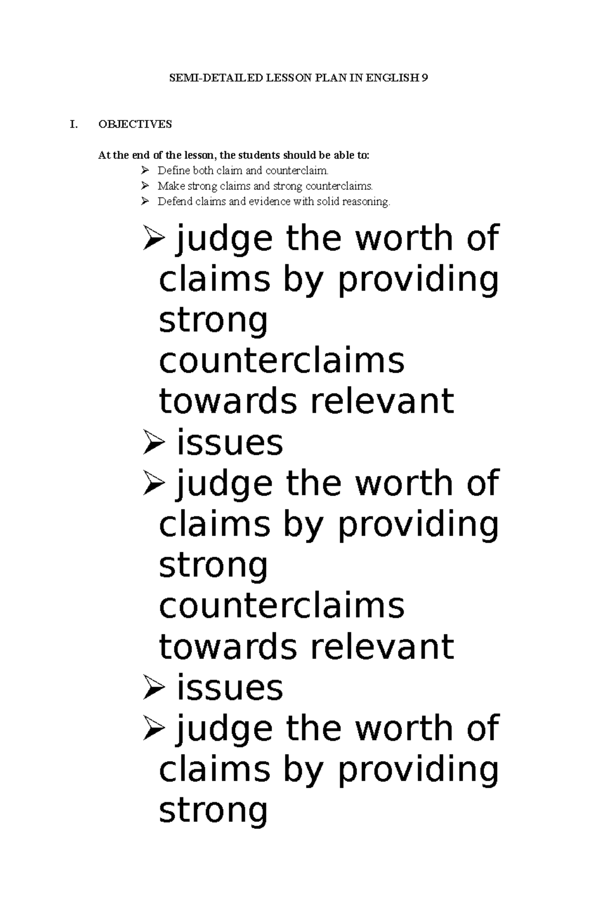 Semi-Detailed Lesson Plan in English (Claim vs. Counterclaim) - SEMI ...