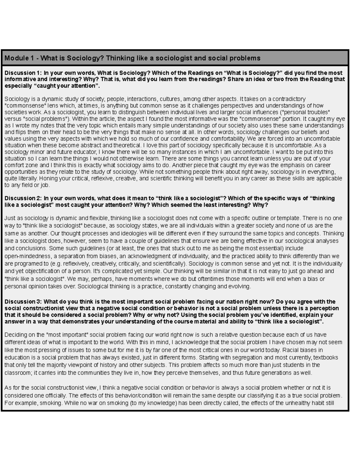 SOC 201 Discussion Boards - Module 1 - What is Sociology? Thinking like a sociologist and social ...