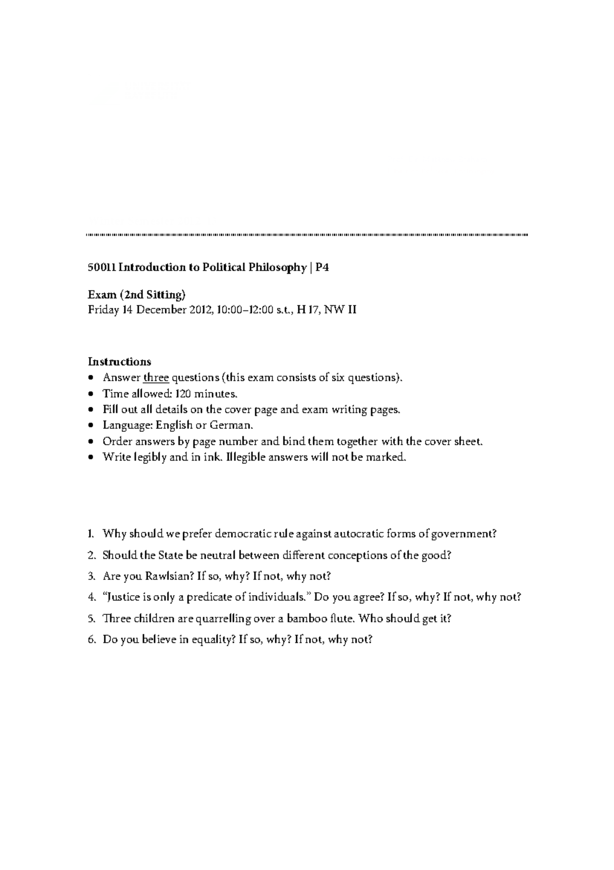 50011 Pol Phil Exam - 2 - philosophie - Prof. Dr. Matthew Braham Chair ...