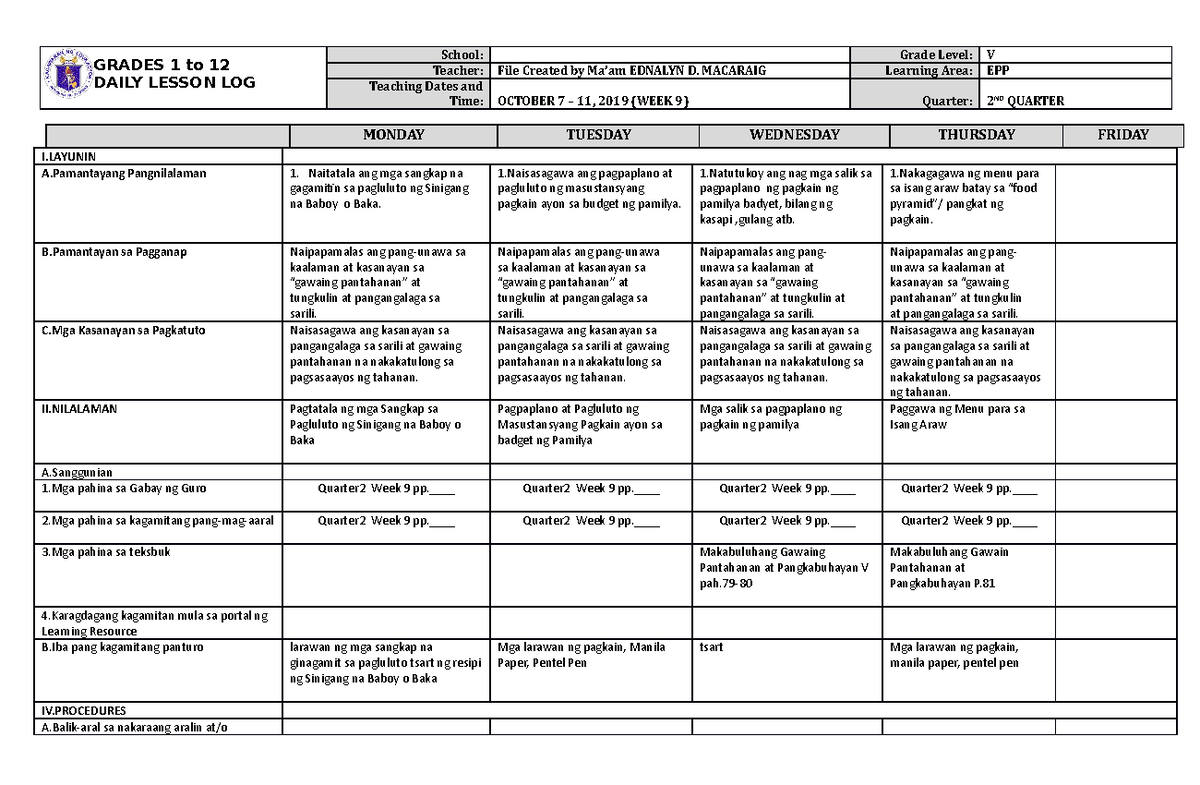 DLL EPP 5 Q2 W9 - Thank you - GRADES 1 to 12 DAILY LESSON LOG School ...