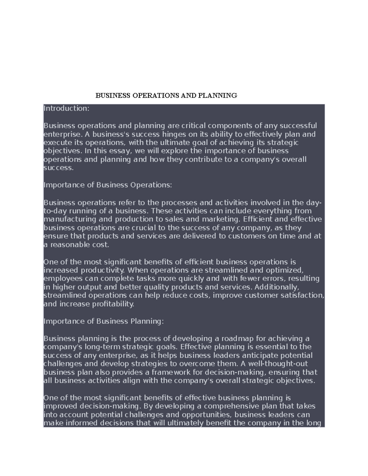 Business Operations AND Planning - BUSINESS OPERATIONS AND PLANNING ...