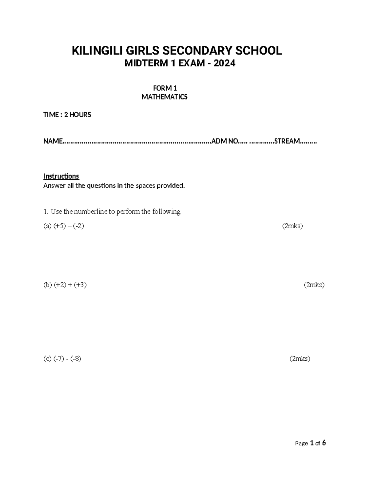 2011 Mathematics FORM 1 TERM I - KILINGILI GIRLS SECONDARY SCHOOL ...