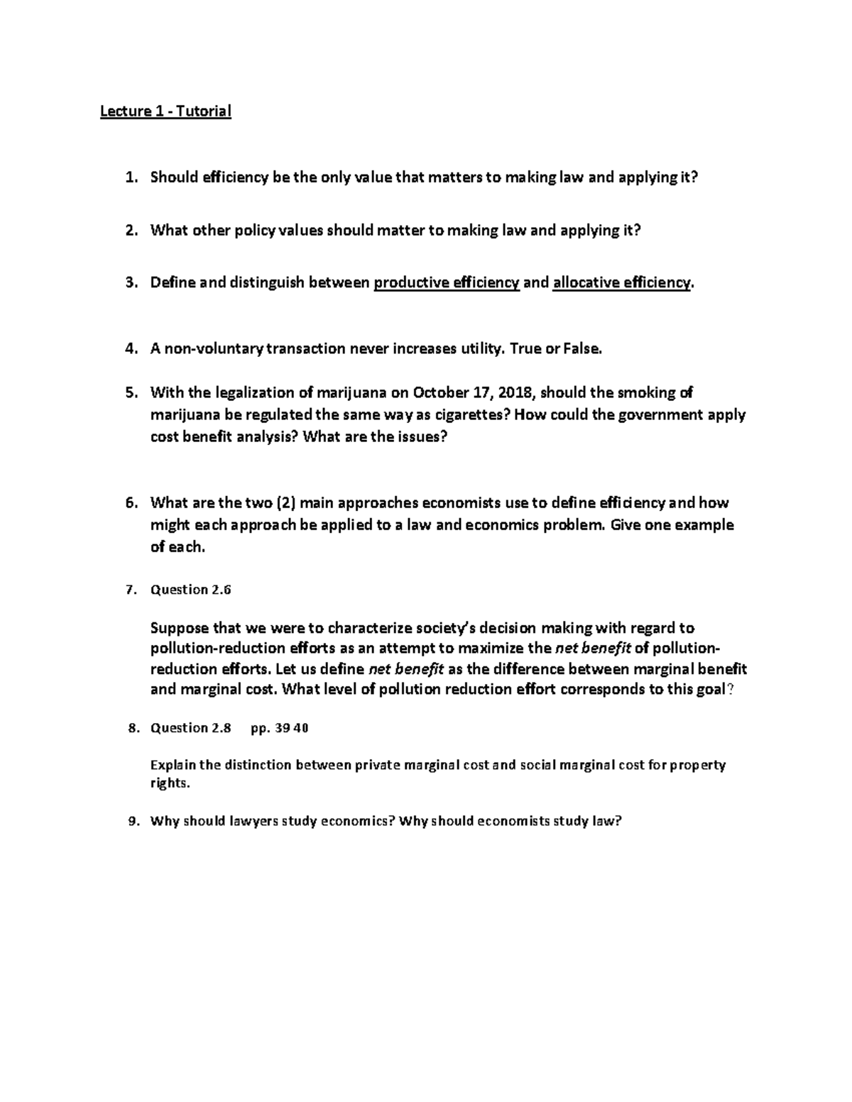 Eco320 Lecture 1 - Tutorial - Lecture 1 - Tutorial Should efficiency be the only value that ...