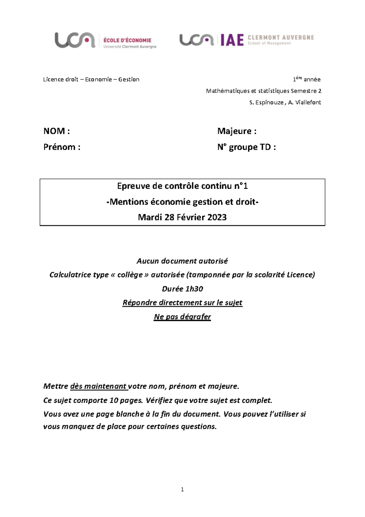CC1 Math Stat 2023 corr sansbareme - Licence droit – Economie – Gestion 1 ère année ...