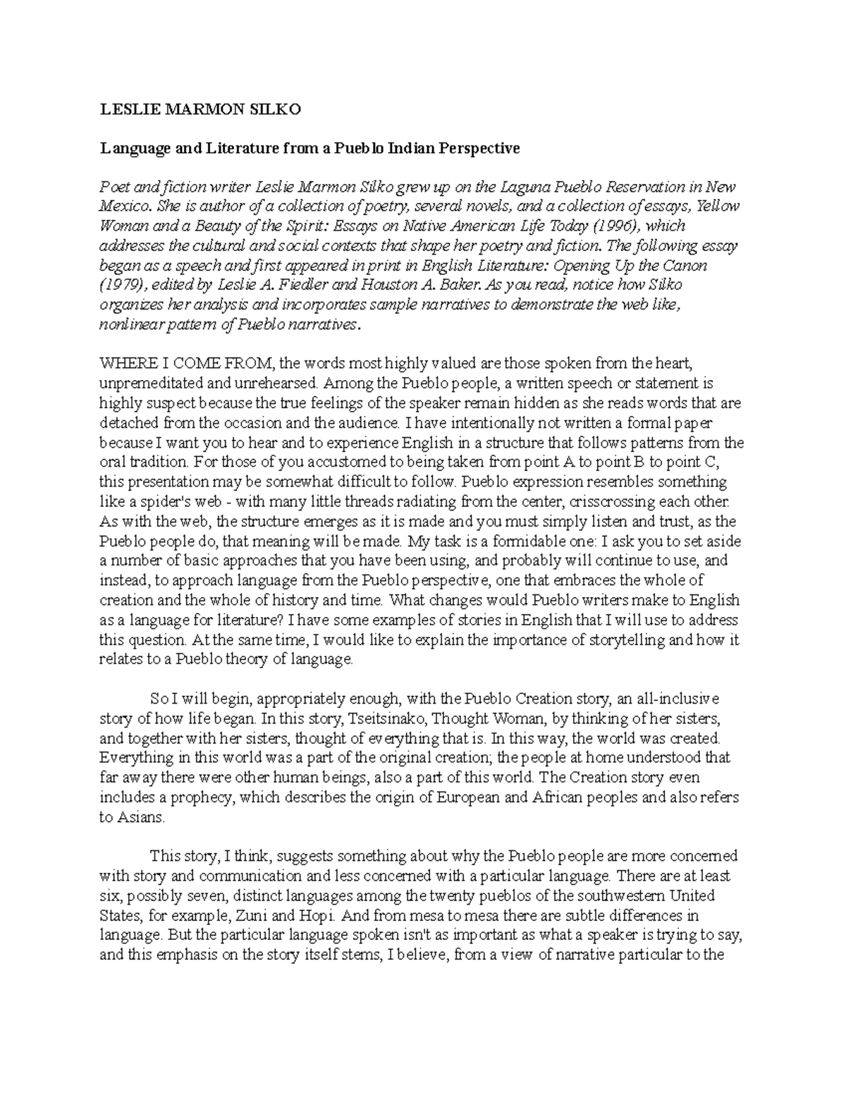 Leslie Marmon Silko Language and Literature from a Pueblo Indian ...
