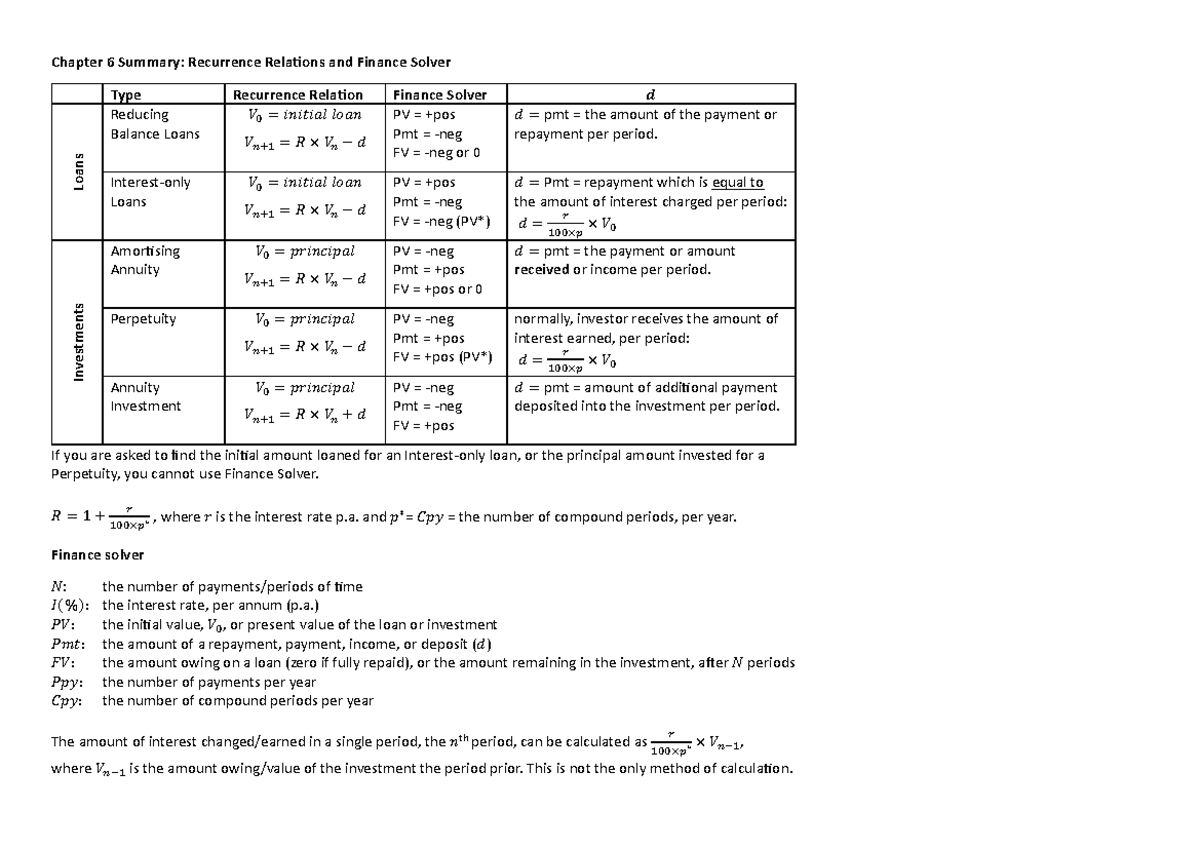 Summary Finance (Ch6) - Chapter 6 Summary: Recurrence Rela ons and Finance Solver Type ...