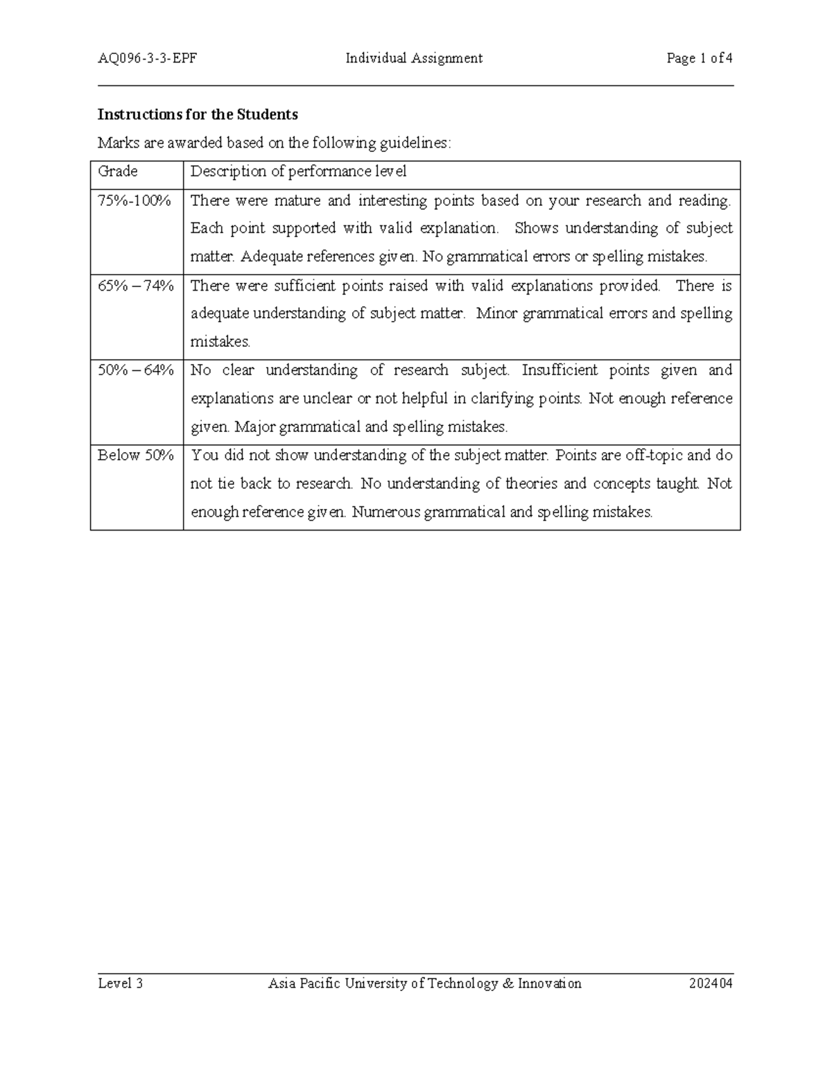 Individual Assignment - Instructions for the Students Marks are awarded ...
