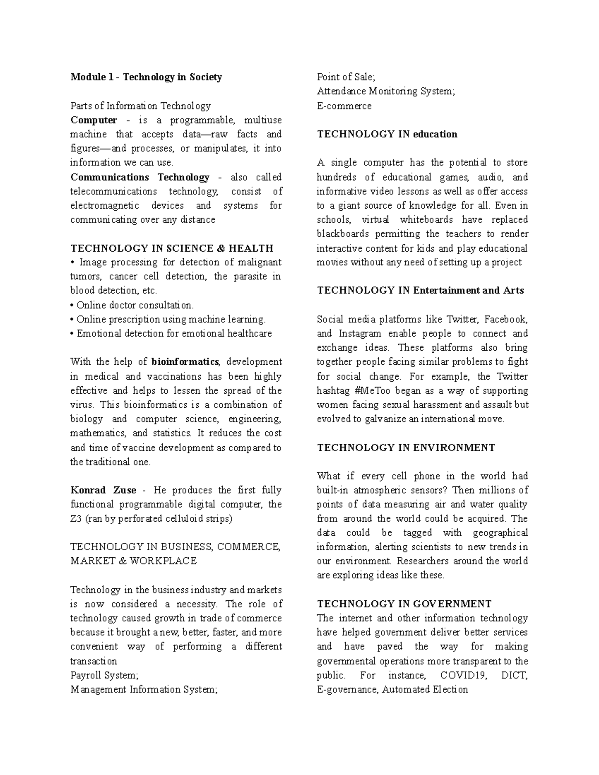 IT- Reviewer - SFAFA - Module 1 - Technology in Society Parts of ...