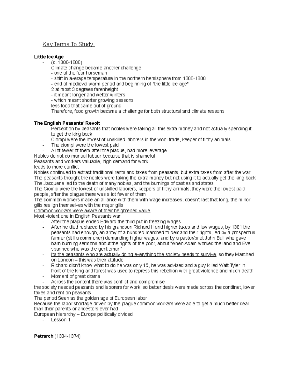 Study Guide 1 HUM - Key Terms To Study: Little Ice Age - (c. 1300-1800 ...