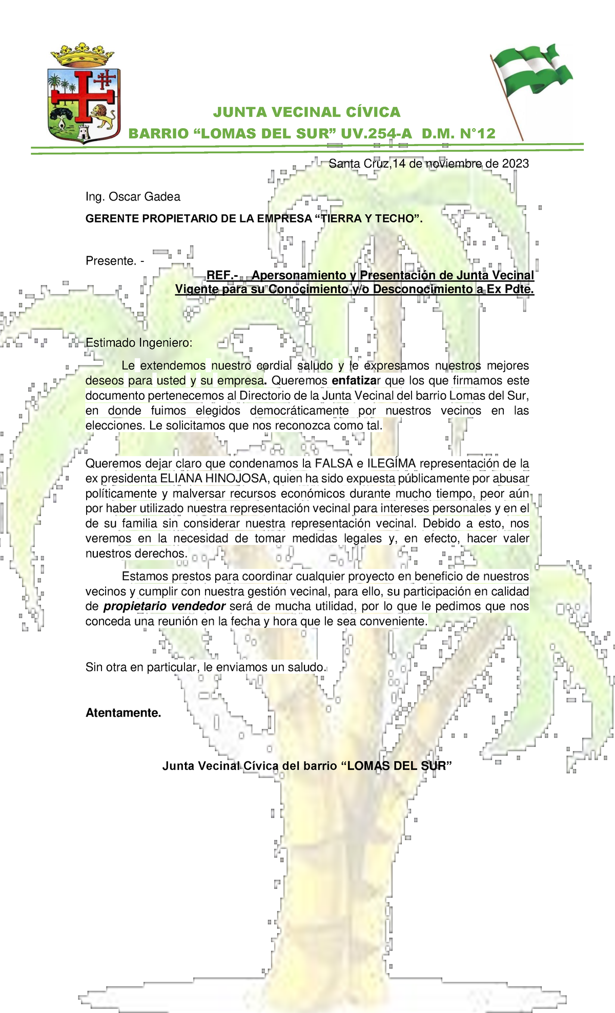 Apersonamiento Y Presentación DE Junta Vecinal A Tierra Y Techo - JUNTA ...